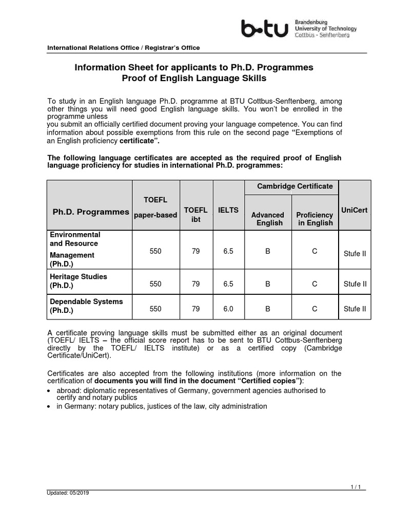 Information Sheet For Applicants To Ph.D. Programmes Proof of English ...