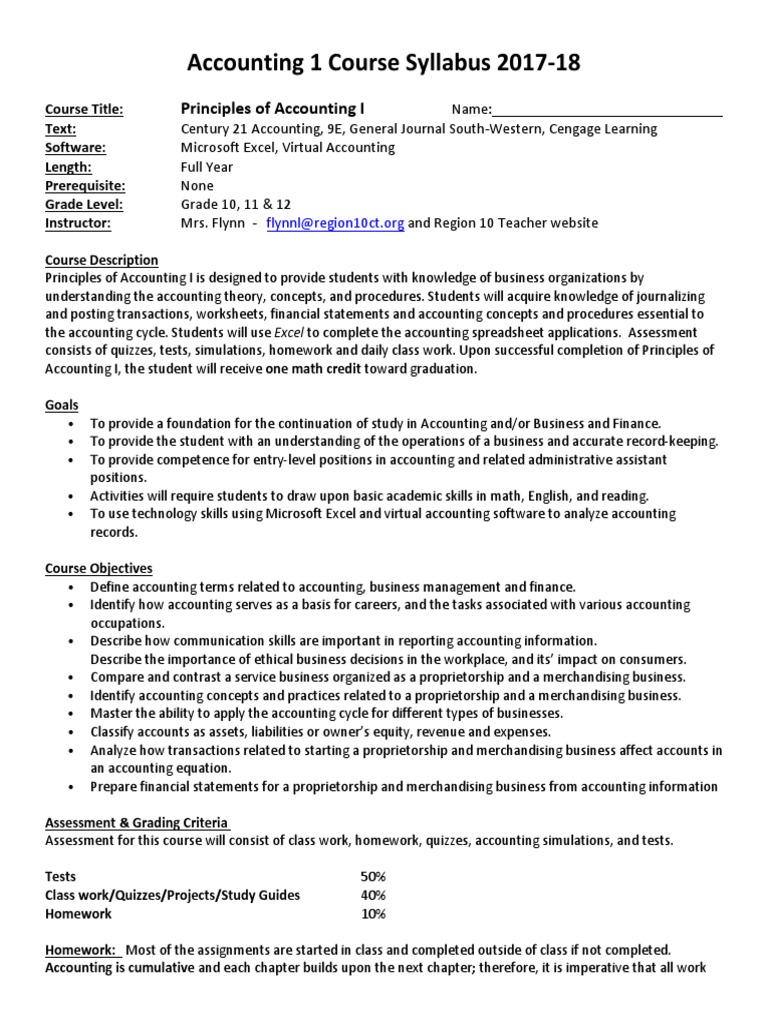Principles of Accounting I Syllabus 2017-18 | PDF | Worksheet ...