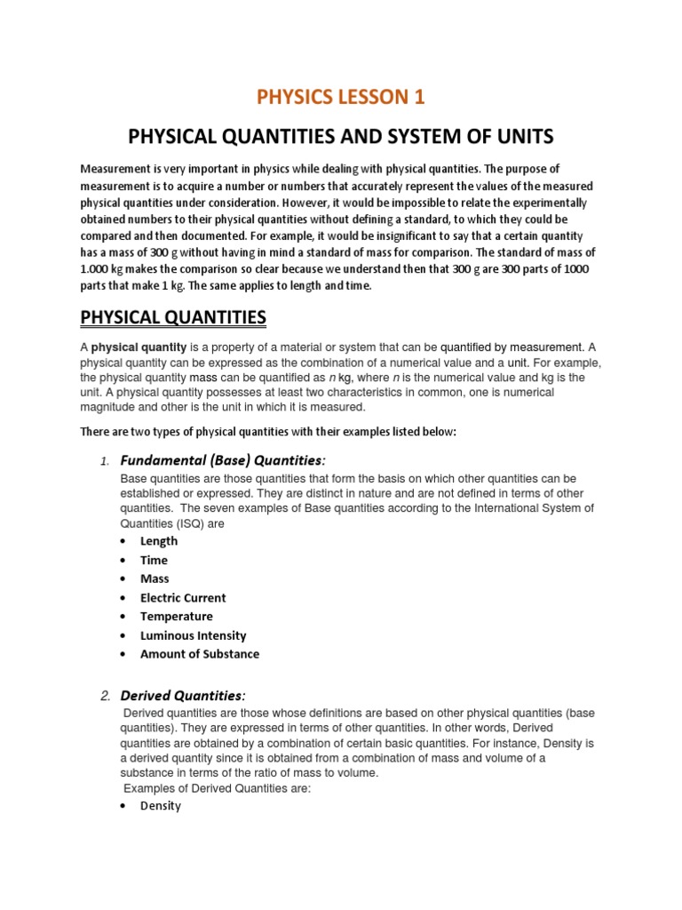 Physical Quantities and System of Units: Physics Lesson 1 | PDF ...