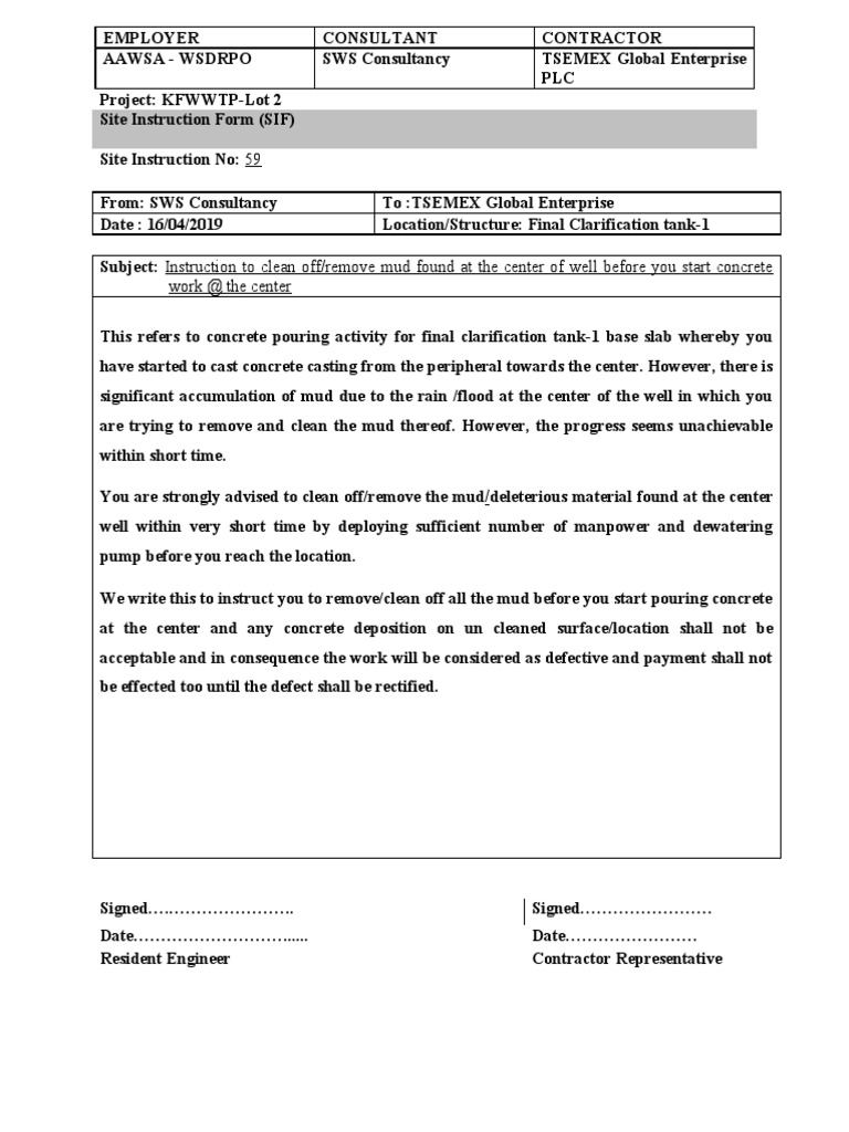 Site Instruction Format | PDF | Concrete | Economic Sectors
