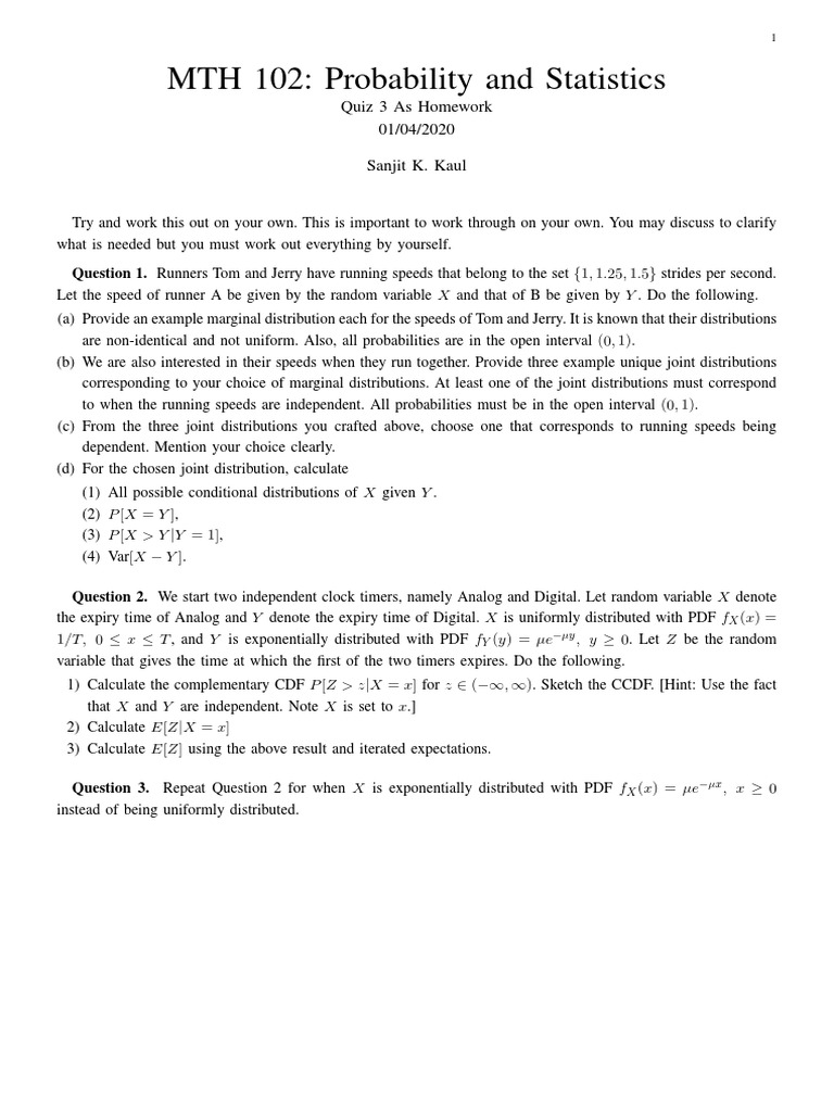 MTH 102: Probability and Statistics: Quiz 3 As Homework 01/04/2020 ...