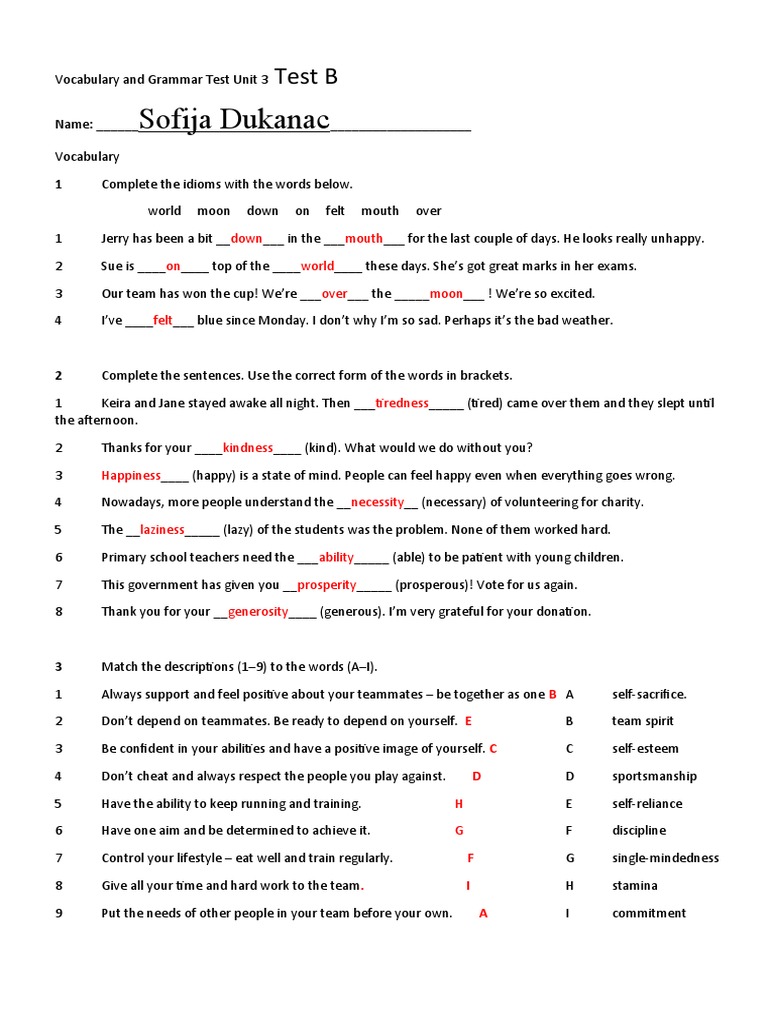 Vocabulary And Grammar Test Unit 3 Test B Pdf Sports