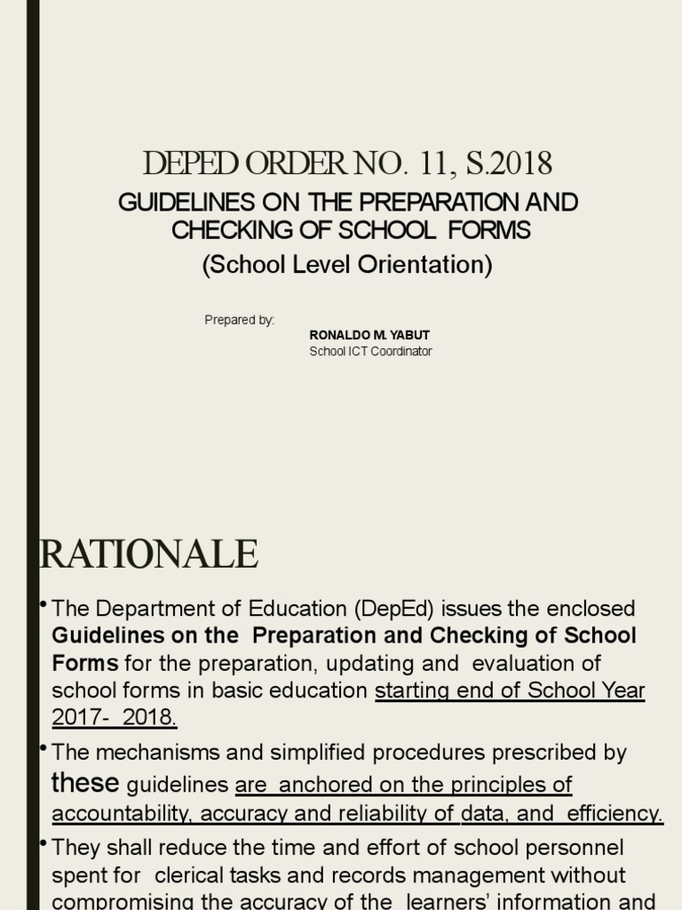 DEPED ORDER NO. 11, S.2018: Guidelines On The Preparation and Checking ...