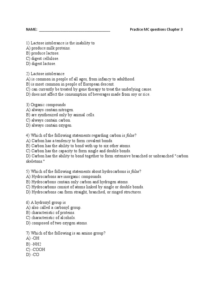 Practice Mult Choice Questions Chapt 3 | PDF | Lipid | Triglyceride