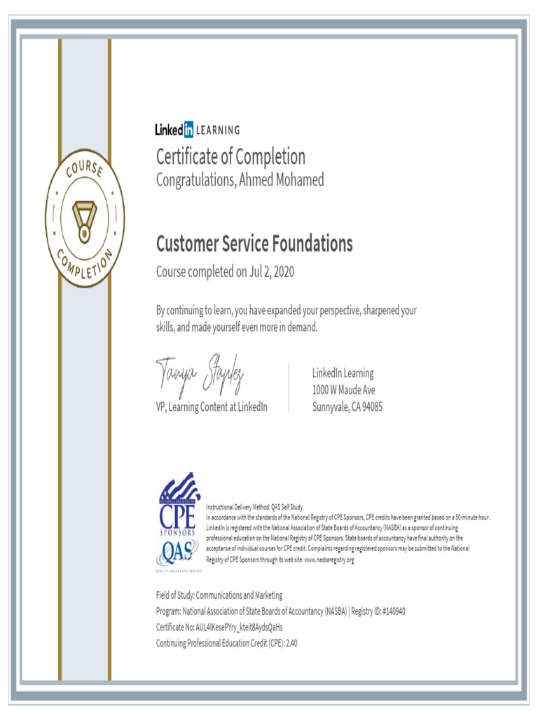 CertificateOfCompletion - Customer Service Foundations - 2 | PDF