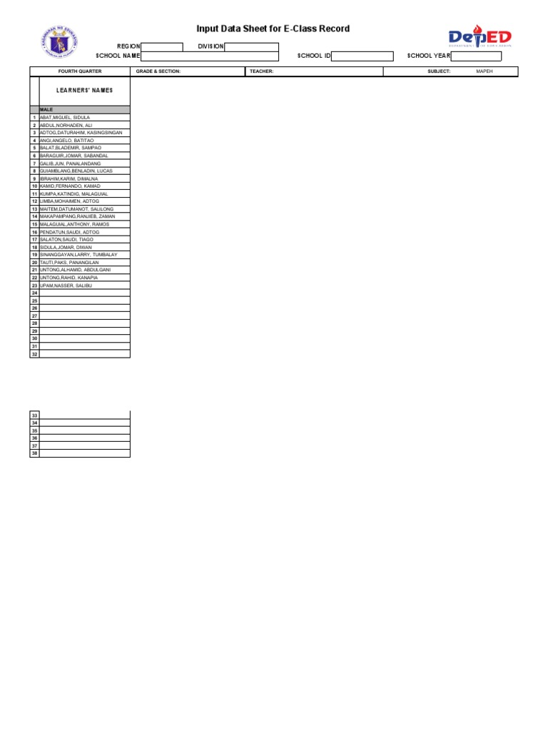 Input Data Sheet For E-Class Record: Region Division School Name School ...