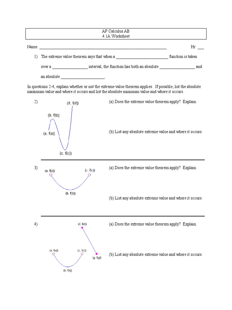 AP Calculus AB Extreme Value Theorems Worksheets | PDF | Maxima And ...