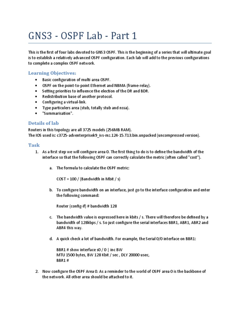 Gns3 Ospf Lab Part 1 Learning Objectives Pdf Computer Network Data Transmission