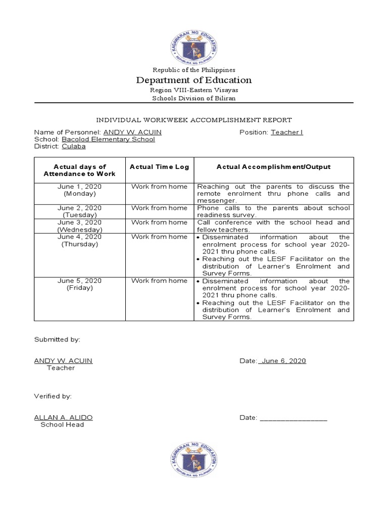 Individual Workweek Accomplishment Report | PDF | Workweek And Weekend ...