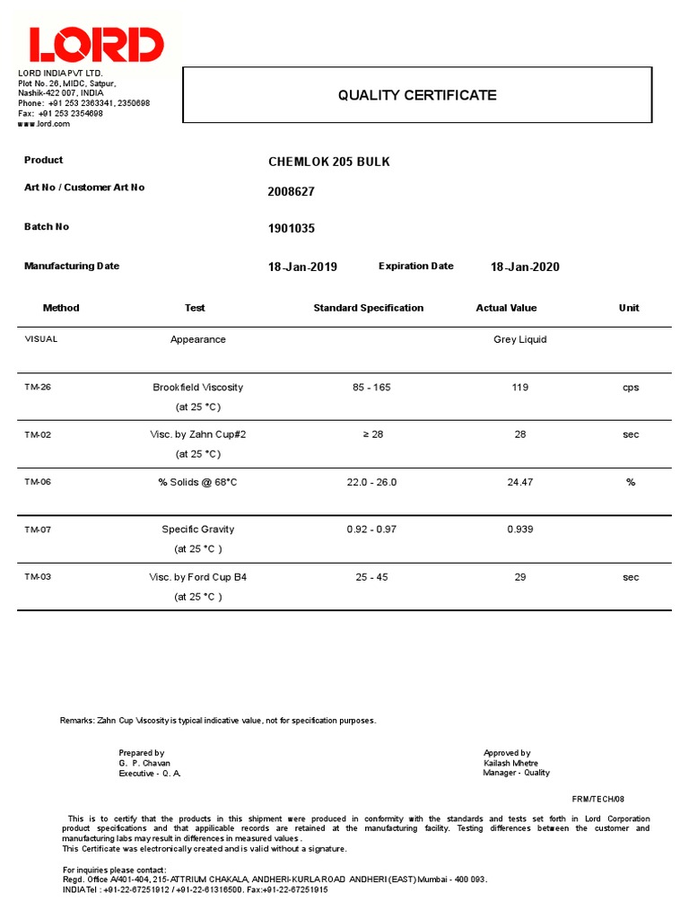 Chemlok 205 Quality Certificate | PDF | Nature