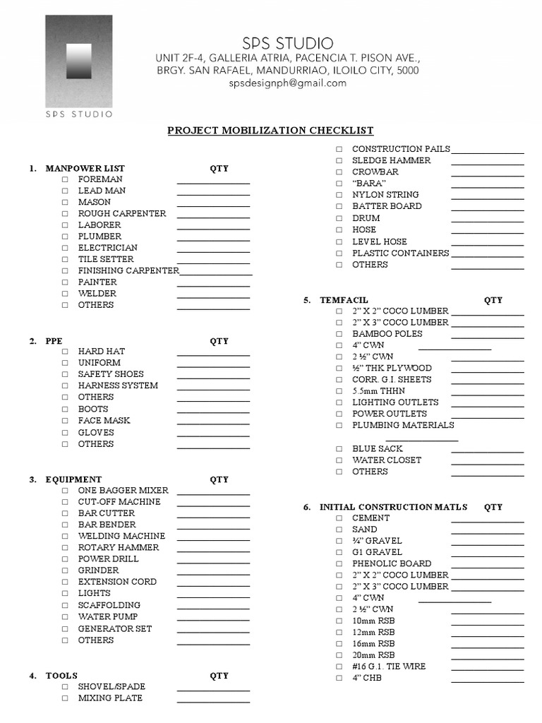SPS Project Mobilization Checklist | PDF | Mechanical Engineering ...