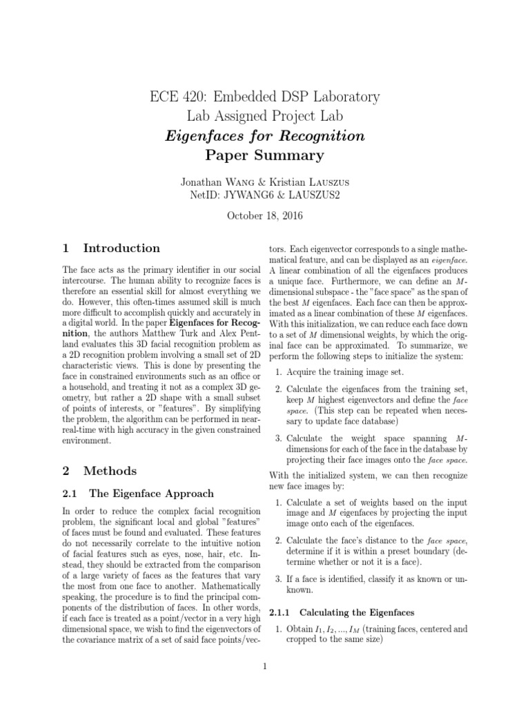 ECE 420: Embedded DSP Laboratory Lab Assigned Project Lab Eigenfaces For Recognition Paper ...