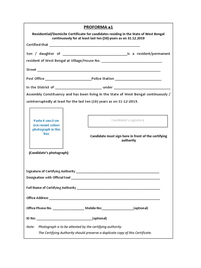 Proforma A1: Residential/Domicile Certificate | PDF | Health Care ...