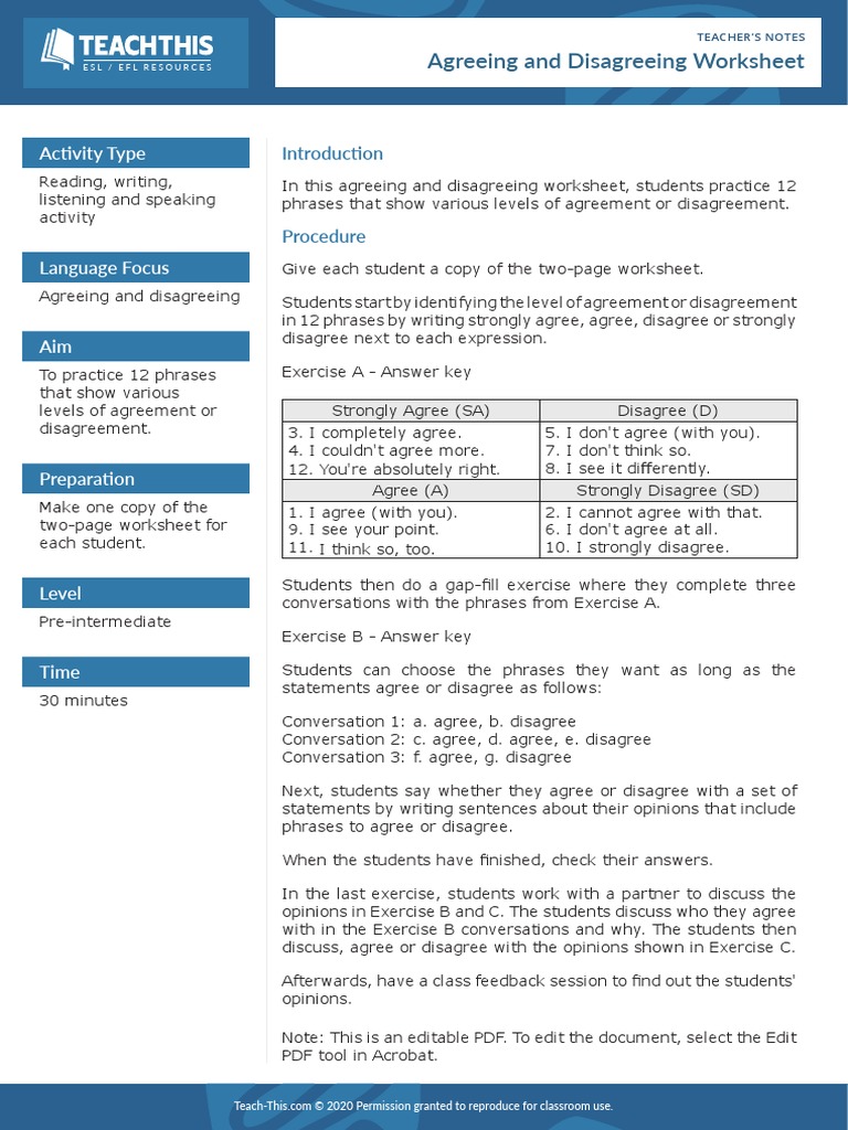 Agreeing and Disagreeing Worksheet | PDF | English As A Second Or ...