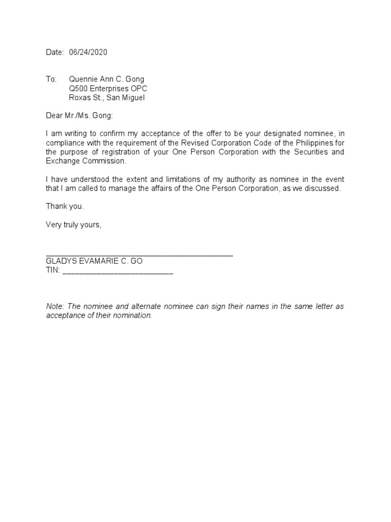 Nominee Acceptance Letter Sample | PDF | Law