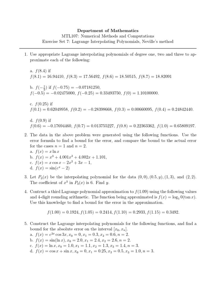 MTL107 Set 7 | PDF | Interpolation | Polynomial