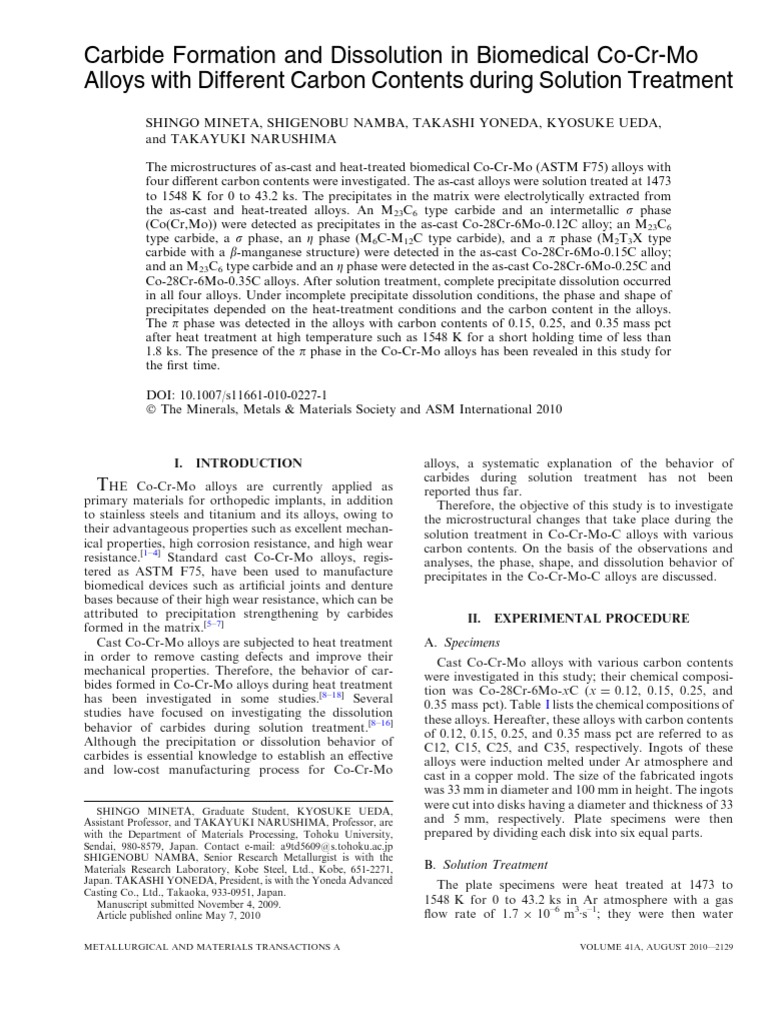 Carbide Formation and Dissolution in Biomedical Co-Cr-Mo Alloys With ...