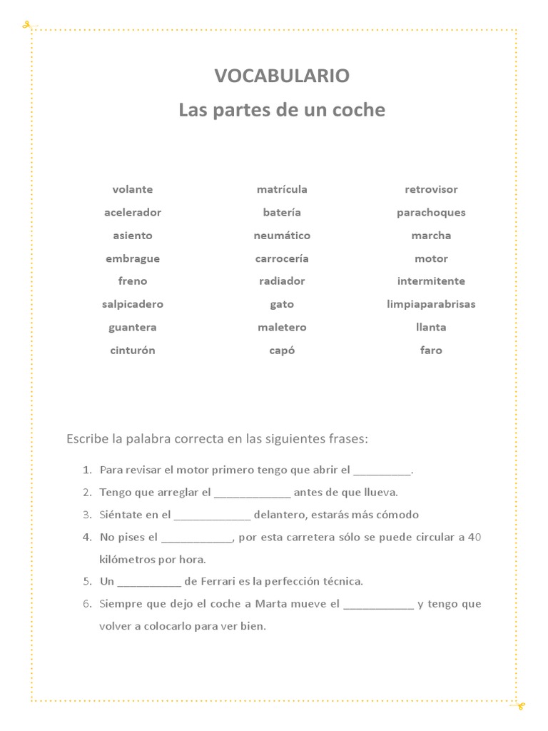 Frases Con El Vocabulario Del Coche PDF | PDF | Coche | Estilos de ...