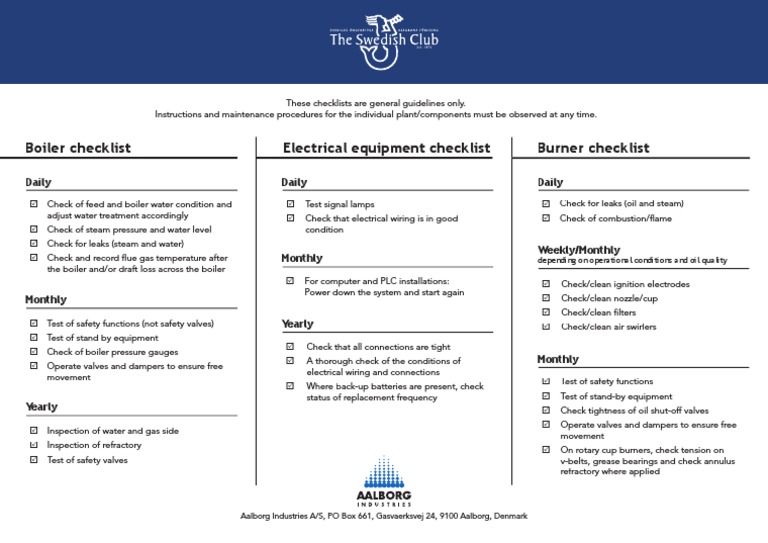 Boiler Checklist Electrical Equipment Checklist Burner Checklist ...