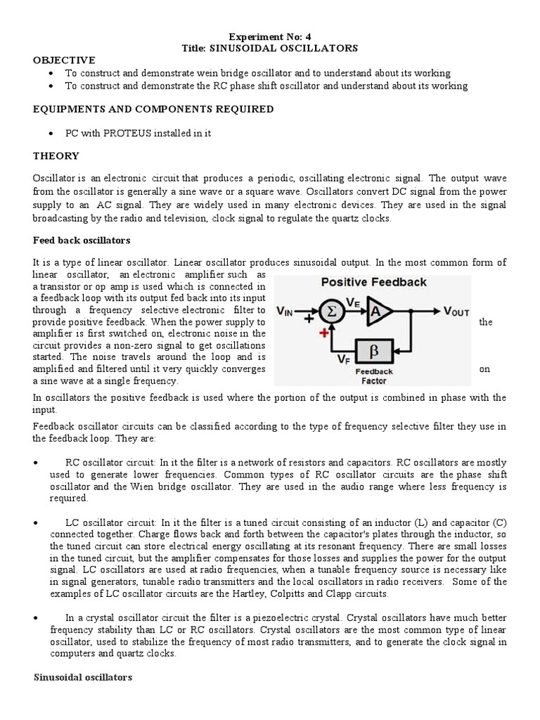 Experiment No: 4 Title: Sinusoidal Oscillators Objective | PDF | Electronic Oscillator | Phase ...