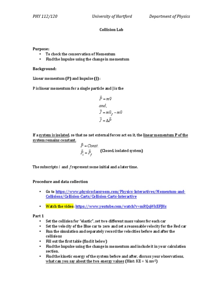 PHY 112 - Collisions Lab | PDF | Collision | Momentum