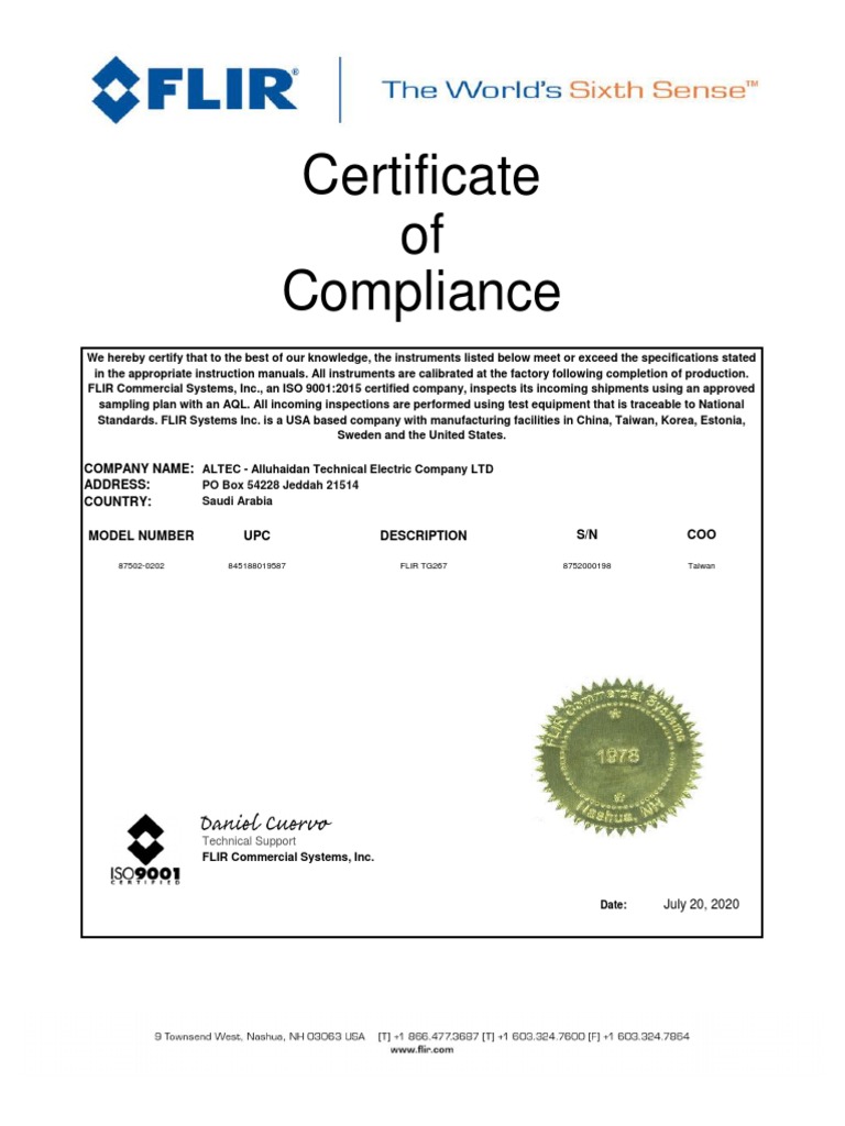 Certificate of Compliance: Company Name: Address: Country: Model Number ...