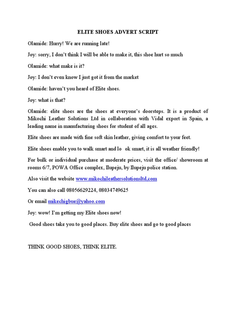 Elite Shoes Advert Script | PDF