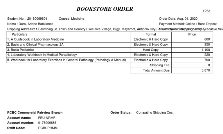 Bookstore Order: RCBC Commercial Fairview Branch Order Status: Account ...