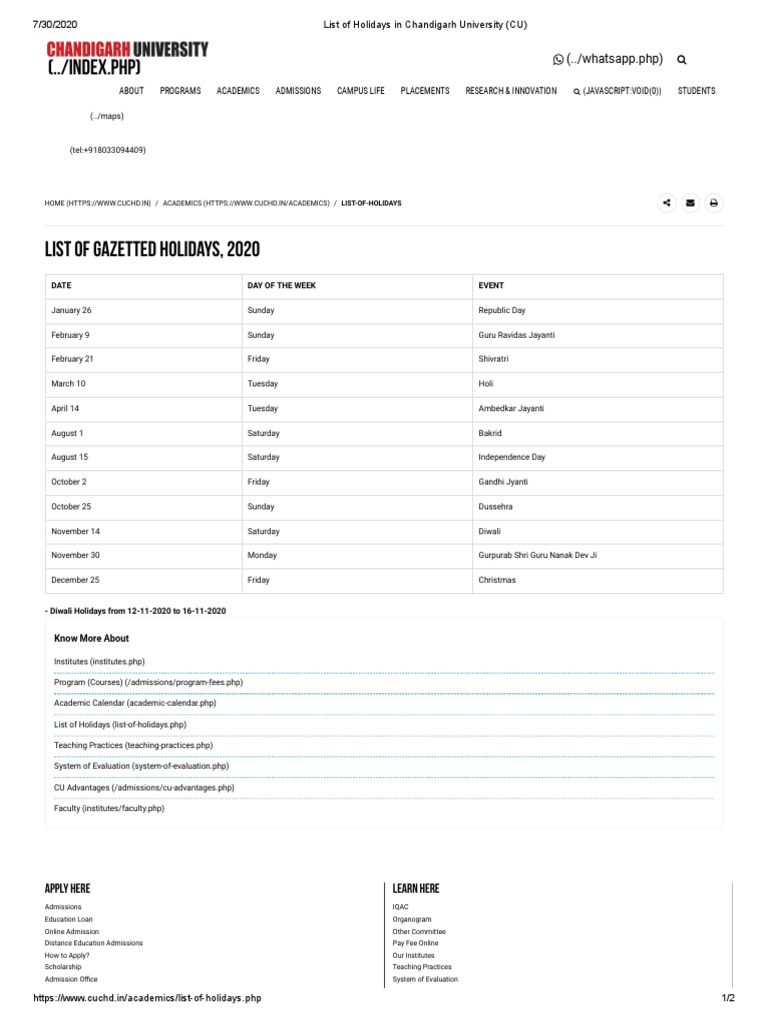 List of Holidays in Chandigarh University (CU) 2020 | PDF