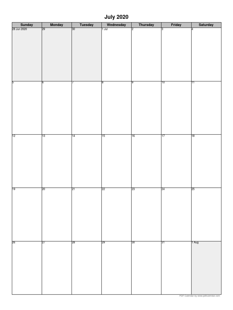July 2020 PDF Calendar | PDF