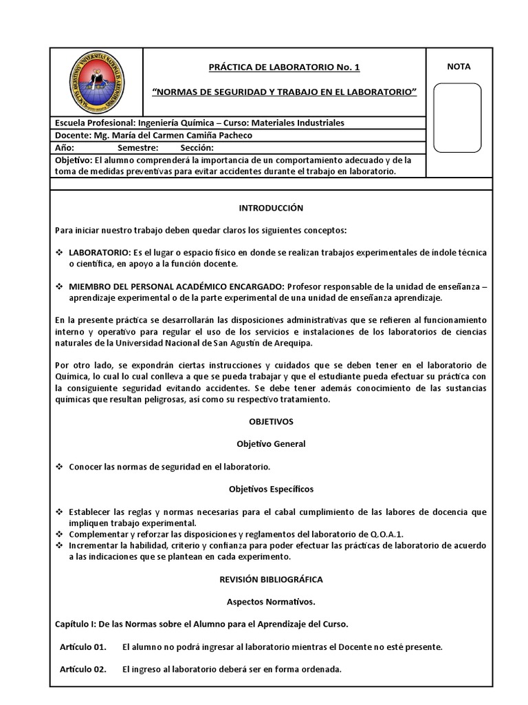 Práctica de Laboratorio 1 Normas de Seguridad y Trabajo en Lab | Descargar gratis PDF ...