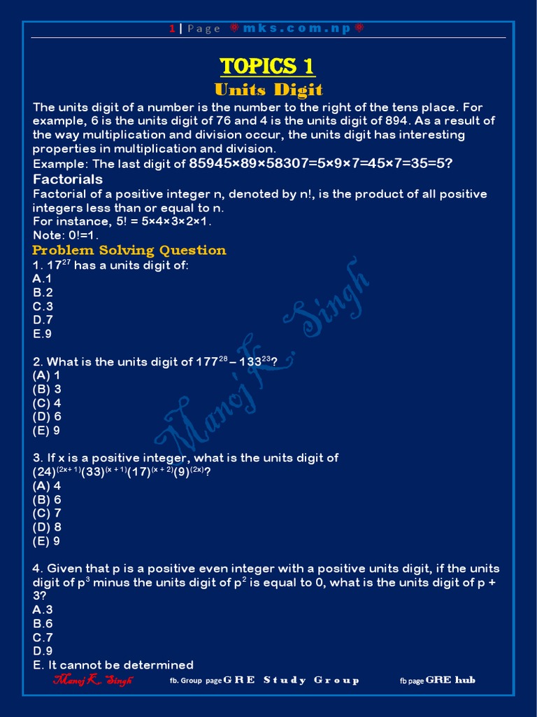 GRE Topics 1 Unit Digit PDF | PDF | Science & Mathematics