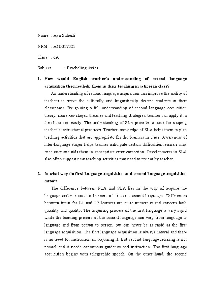 Uas Psycholinguistics Ayu Suhesti | PDF | Second Language Acquisition | Second Language