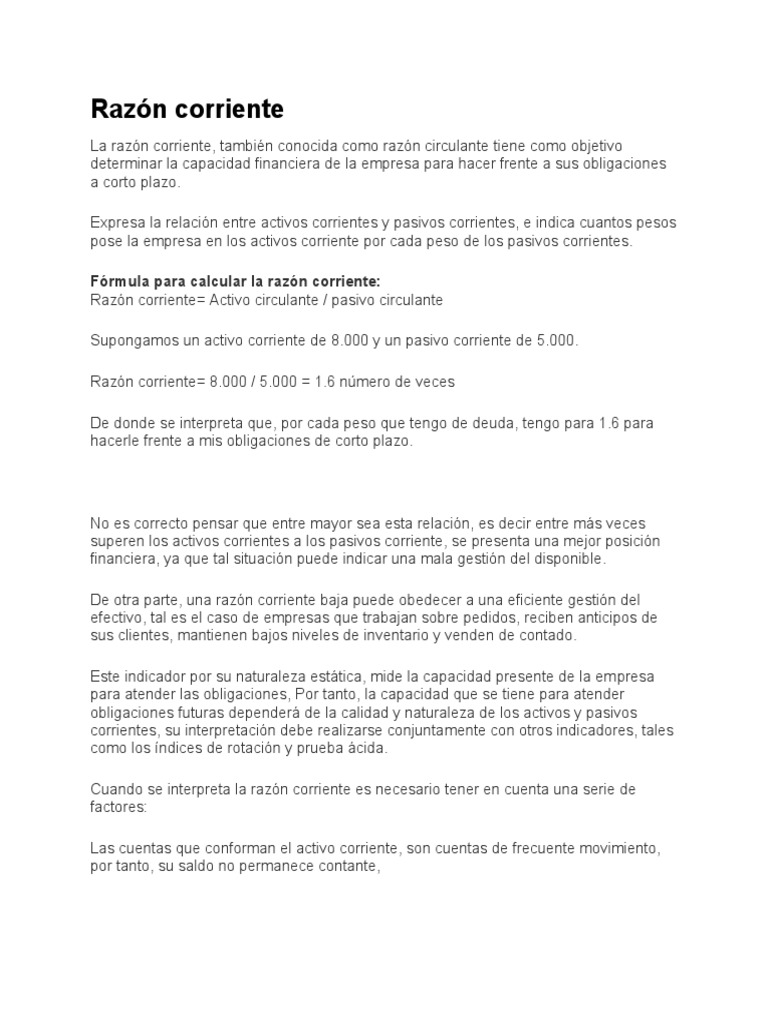 Razón Corriente | PDF | Liquidez de mercado | Ratio financiero
