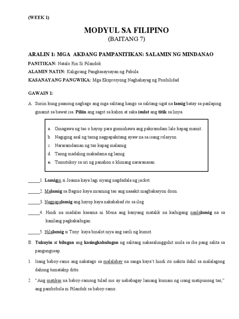 Modyul Sa Filipino 7 | PDF