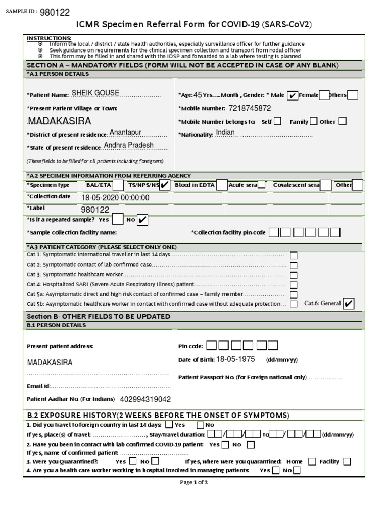 Madakasira: Icmr Specimen Referral Form For Covid-19 (Sars-Cov2) | PDF ...