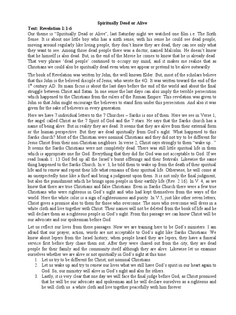 Spiritually Dead or Alive Text: Revelation 1:1-6 | PDF | Gospel Of John ...