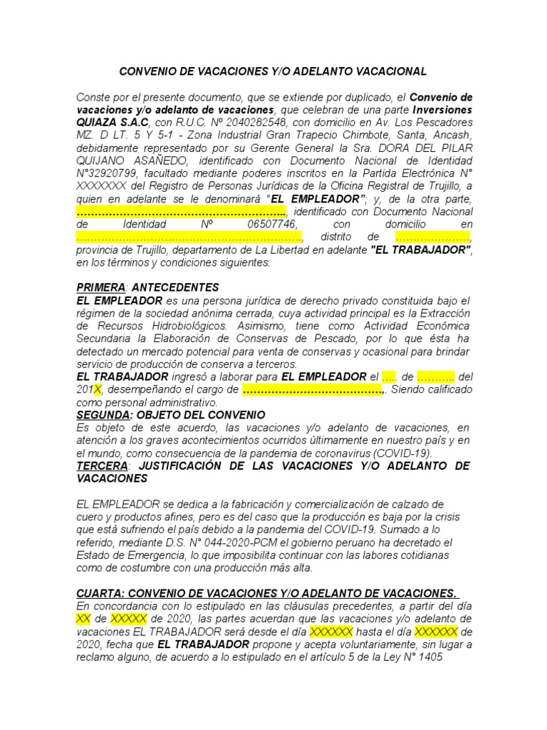 Convenio Vacaciones, Adelanto de Vacaciones | PDF | Gobierno