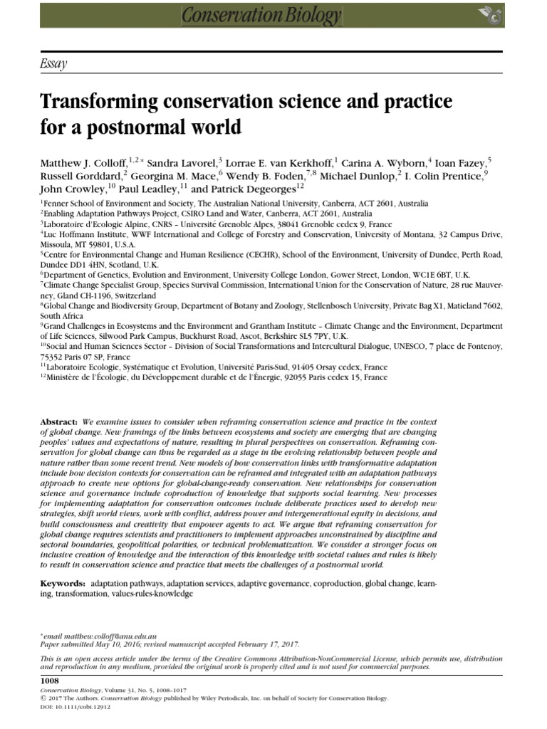 Transforming Conservation Science and Practice For A Postnormal World | PDF | Conservation ...