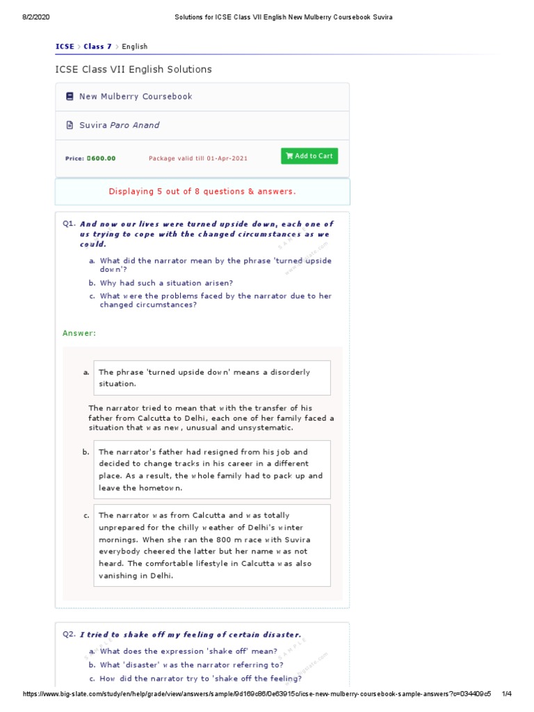 ICSE Class VII English Solutions: New Mulberry Coursebook | PDF