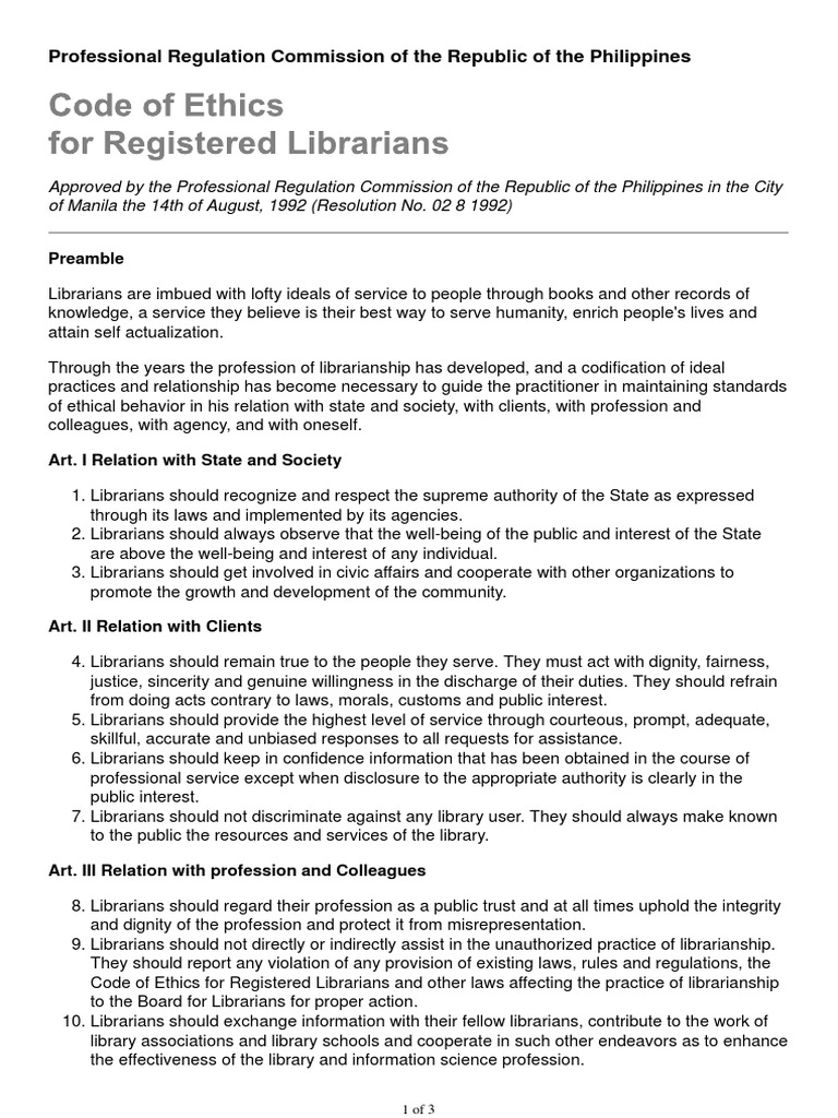 Code of Ethics for Philippine Librarians | PDF | Librarian | Library ...