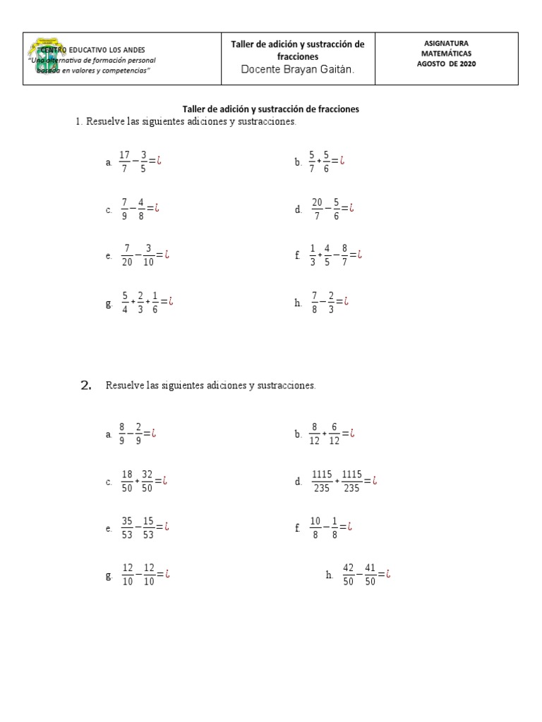 Adición y Sustracción de Fracciones Grado Quinto | PDF | Sustracción ...