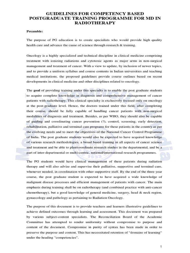Guidelines For Competency Based Postgraduate Training Programme For MD in Radiotherapy | PDF ...