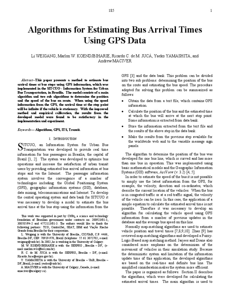 Bus Arrival Time Prediction Algorithms | PDF | Global Positioning ...
