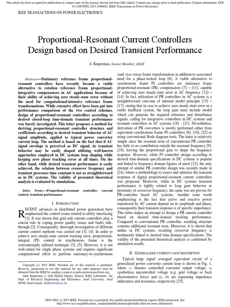 Proportional Resonant Current Controllers Design Based On Desired
