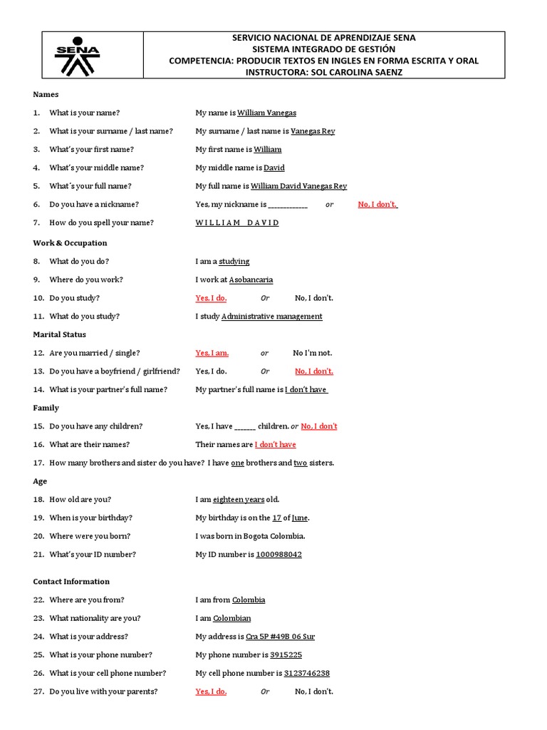 Personal Information Questions | PDF