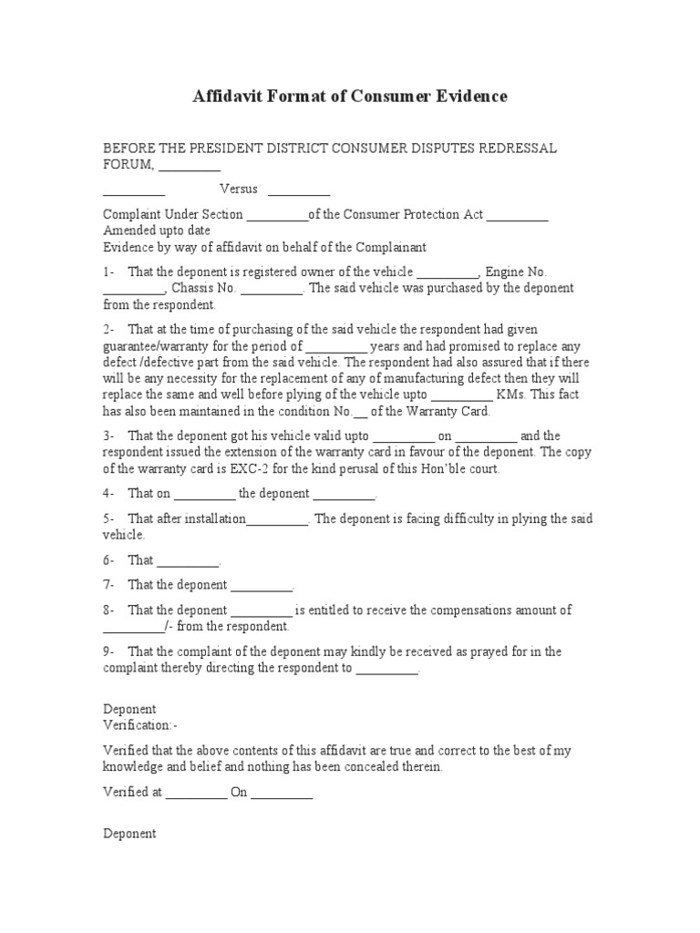 Affidavit Format of Consumer Evidence | PDF