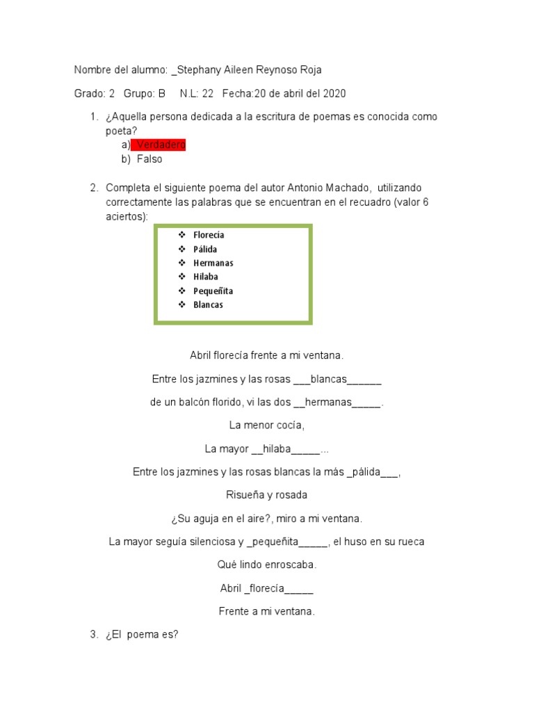 Examen Segundo Grado | PDF | Poesía