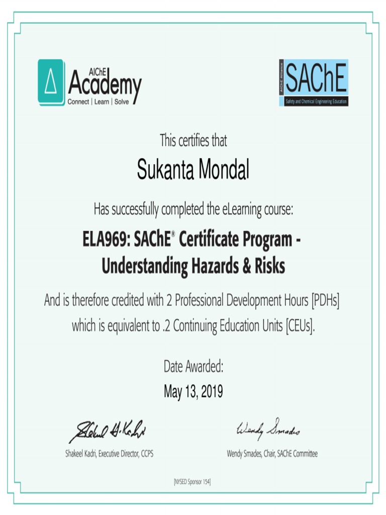 SAChE Certificate 5 - Understanding Hazards and Risks | PDF