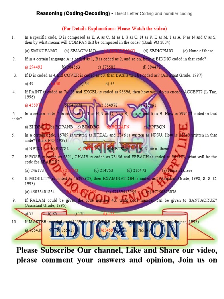 Reasoning Coding Decoding Part 2 Direct Letter And Number Coding Adarsha Education Pdf 